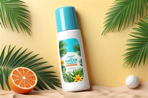 Sunscreen Ad Template With Palm Leaves And Summer Beach Scene Design 3d