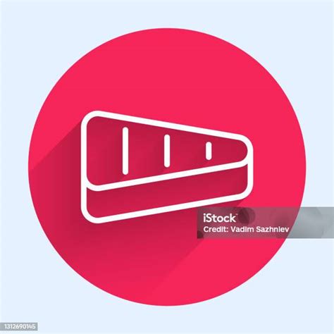 긴 그림자로 고립 된 화이트 라인 스테이크 고기 아이콘 빨간색 원 버튼입니다 벡터 고기에 대한 스톡 벡터 아트 및 기타 이미지