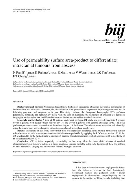 Pdf Use Of Permeability Surface Area Product To Differentiate Intracranial Tumours From Abscess