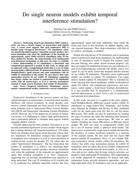 Pdf Do Single Neuron Models Exhibit Temporal Interference Stimulation
