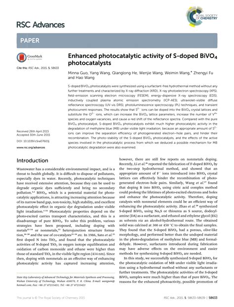 Pdf Cheminform Abstract Enhanced Photocatalytic Activity Of S Doped