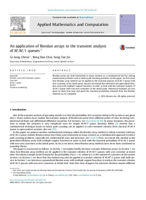 Pdf An Application Of Riordan Arrays To The Transient Analysis Of Queues