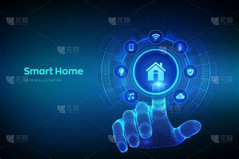 智能家居。自动化控制系统概念。智能家居自动化助手在虚拟屏幕上的未来界面。线框手触式数字界面。矢量插图素材 花瓣网