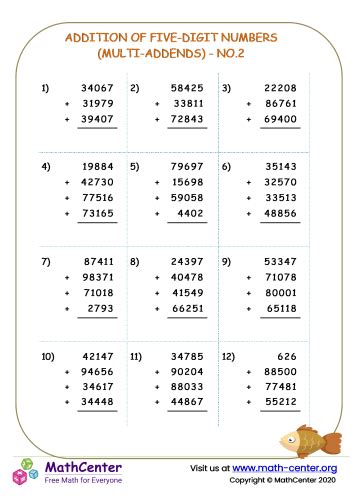 Addition Of Five Digit Numbers Multi Addends No2 Worksheets