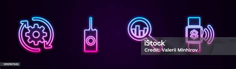 라인 기어 및 화살표를 워크플로우 원격 제어 돋보기 분석 및 비접촉식 결제로 설정합니다 빛나는 네온 아이콘 벡터 구매에 대한
