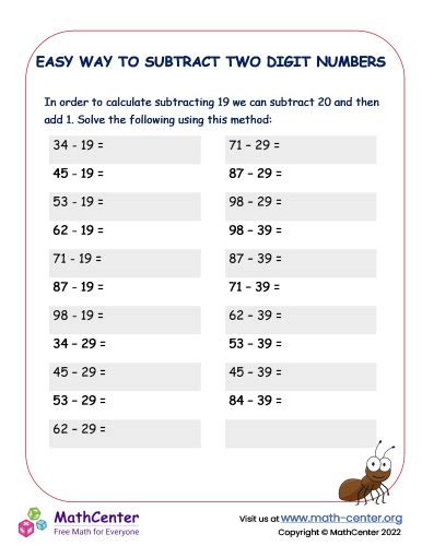 Easy Way To Subtract Two Digit Numbers Worksheets Math Center