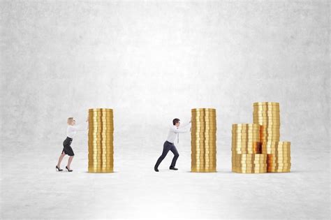 Premium Photo Man And Woman Pushing Giant Stacks Of Coins