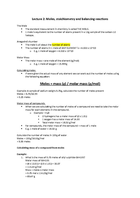 Lec 2 Moles And Stoichiometry Lecture 2 Moles Stoichiometry And Balancing Reactions The