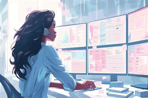 Modern Illustration Of Female Data Analyst Working With Multiple