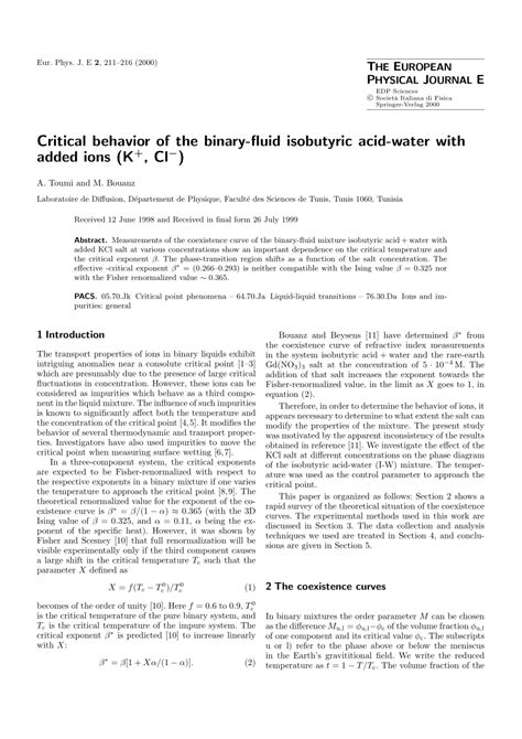 Pdf Critical Behavior Of The Binary Fluid Isobutyric Acid Water With
