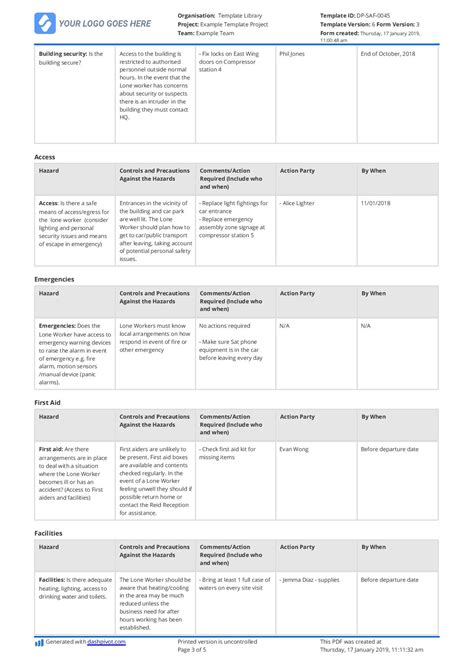 Lone Working Risk Assessment Template Free And Easily Editable