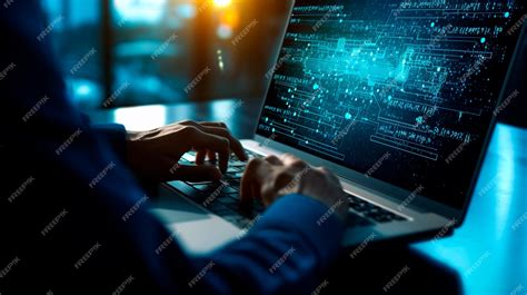 소프트웨어 개발 개념 Iot 디지털 기술의 가상 화면 인터넷에서 자바스크립트 컴퓨터 코드를 사용하여 랩톱에서 작업하는 코딩 프로그래머 소프트웨어 엔지니어 Generative