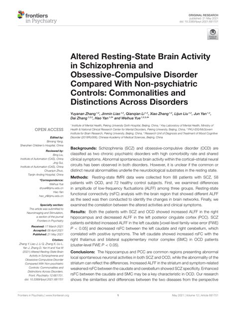 Pdf Altered Resting State Brain Activity In Schizophrenia And Obsessive Compulsive Disorder