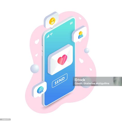 러브 폰 메시지 등등 개념 보내기 하트 전자 메일 봉투 및 버튼이있는 발렌타인 카드는 스마트 폰 화면에 전송됩니다 웹 사이트