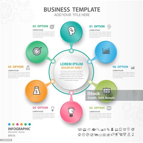 Infographic 요소 서식 파일 벡터 원 6 단계 플로우 차트 다이어그램 차트 타임 라인 Silde 프레 젠 테이 션 처리 0명에 대한 스톡 벡터 아트 및 기타 이미지