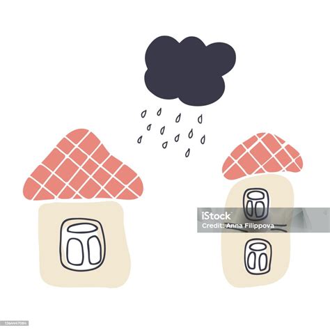 두 귀여운 집과 비오는 구름의 손으로 그린 벡터 그림 스크랩북 인사말 카드 포스터 섬유 및 인쇄에 적합합니다 장식과 디자인을 위한 낙서 스타일 일러스트레이션 0명에 대한