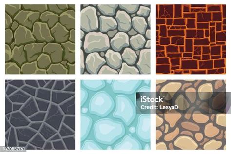 만화 게임 질감 용암 얼음 바위와 벽돌 흙과 땅 표면 원활한 패턴 게임 자산 벽 및 환경 배경 개체 그룹에 대한 스톡 벡터 아트