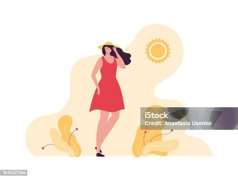 환경 문제와 극한의 날씨 개념 벡터 플랫 피플 일러스트레이션 열사병 증상이있는 드레스와 모자의 열파 태양 기호와 여성 캐릭터 8월에 대한 스톡 벡터 아트 및 기타 이미지
