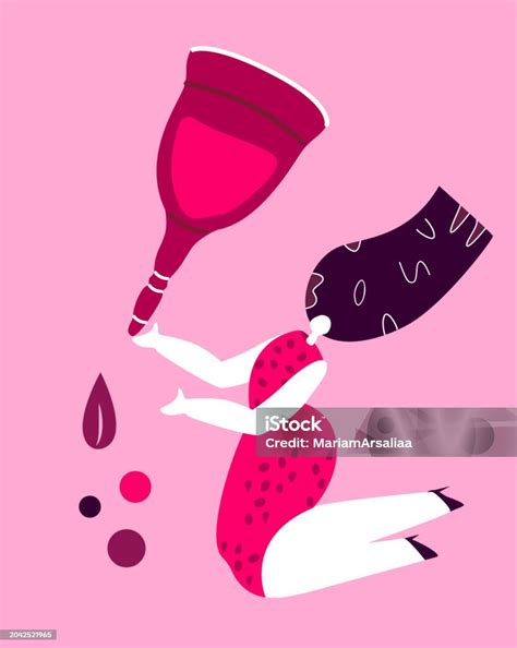 거대한 거대한 생리 재사용 가능한 컵을 들고 있는 여자 구성 Posterflyer 배너 여성 기간 생리혈 자궁 자궁 난소 배란