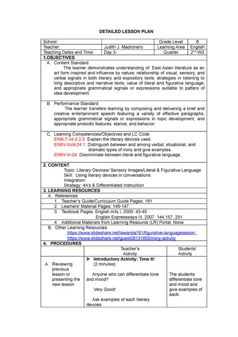 Detailed Lesson Plan Detailed Lesson Plan School Grade Level 8 Teacher Judith J Madronero