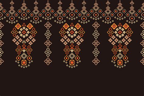 민족 기하학적 직물 패턴 크로스 Stitchikat 자수 민족 동양 픽셀 패턴 갈색 배경 추상 벡터 일러스트 레이 션 질감 의류 스카프 장식 카펫 실크 벽지 0명에 대한