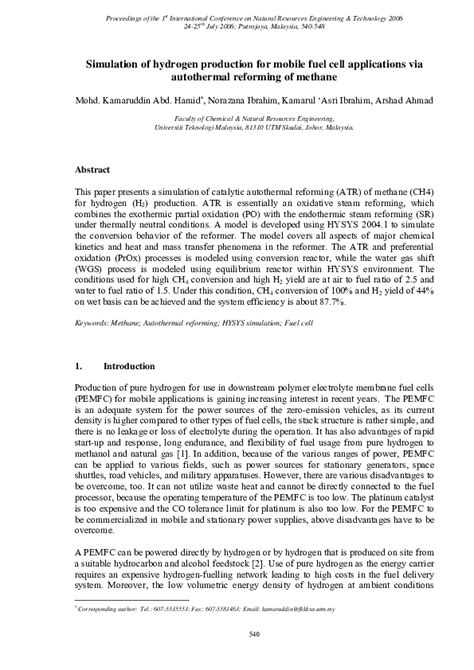 Pdf Simulation Of Hydrogen Production For Mobile Fuel Cell Applications Via Autothermal