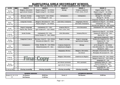 2024 Mock Exam Timetable Final Pdf Science Educational Stages