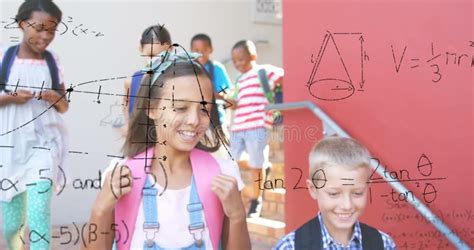 Animation Of Math Formulas Over Diverse Pupils Walking On School Corridor Stock Footage Video