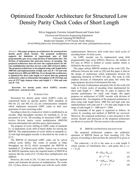 pdf optimized encoder architecture for structured low density parity check codes of short length