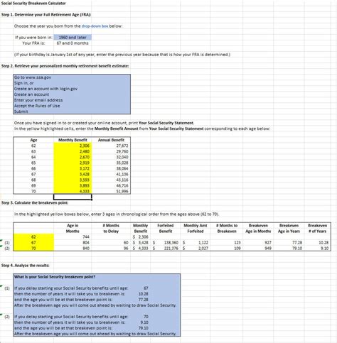 Social Security Break Even Calculator Digital Download Excel