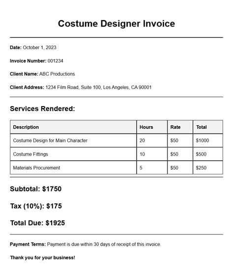 Costume Designer Invoice Samples For Your Creative Projects Template Flux