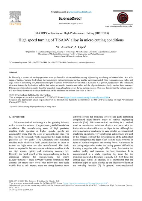 Pdf High Speed Turning Of Ti6al4v Alloy In Micro Cutting Conditions