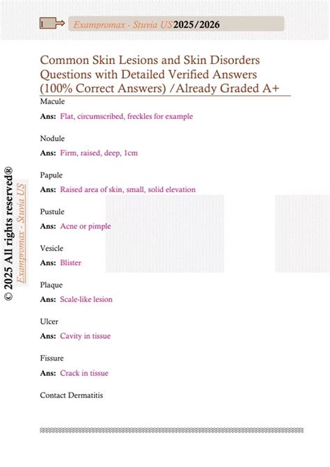 Common Skin Lesions And Skin Disorders Questions With Detailed Verified