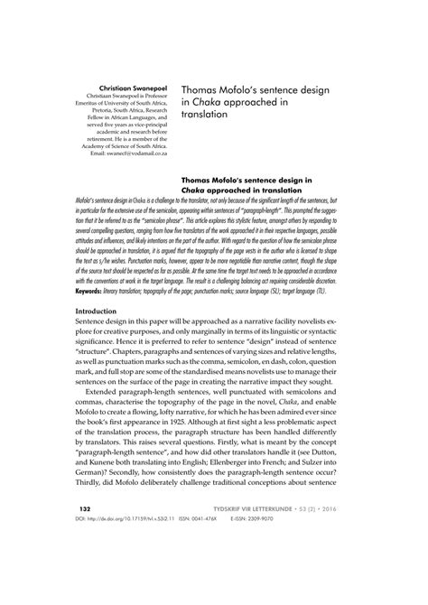 Pdf Thomas Mofolos Sentence Design In Chaka Approached In Translation