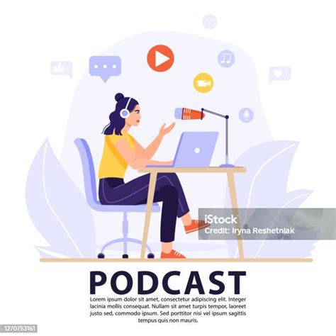 팟캐스트 또는 인터뷰 컨셉 마이크와 헤드폰스튜디오에서 팟 캐스트를 녹음 팟 캐스트 벡터 배너 그림입니다 여자에 대한 스톡 벡터 아트 및 기타 이미지 Istock