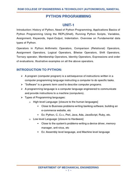 Unit I Pdf Python Programming Language Reserved Word