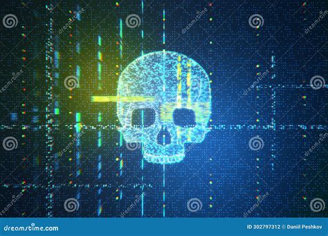 Neon Digital Skull With A Data Stream On A Binary Code Backdrop