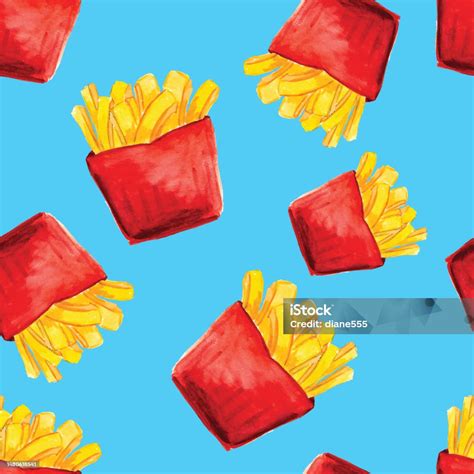 수채화 감자 튀김 원활한 배경 패턴 프렌치 프라이에 대한 스톡 벡터 아트 및 기타 이미지 프렌치 프라이 드로잉 수채화