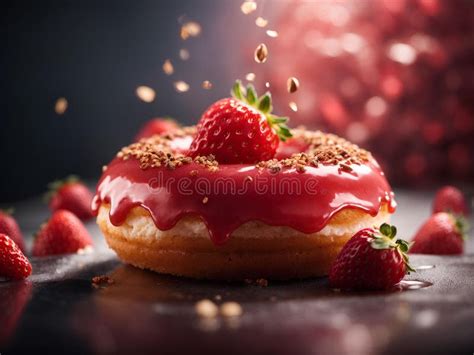 Delicious Strawberry Doughnut Floating In The Air Filled With Cherry Jelly And Topped With