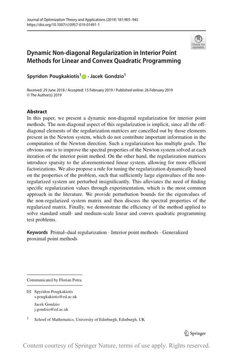 Pdf Dynamic Non Diagonal Regularization In Interior Point Methods For