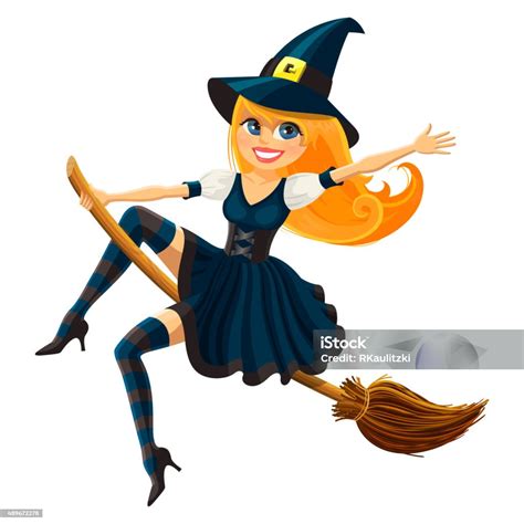 Ilustración De Vector Halloween Bruja Volar En Broomstick Y Más