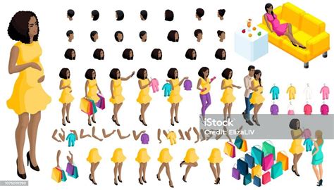 품질 아이소메트리 3d 임신 아프리카계 미국인 여자 임신 여자 만들 벡터 일러스트 레이 션에 대 한 당신의 임신 여자 아이의 탄생에 대 한 준비 여자에 대한 스톡 벡터 아트