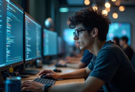 focused programmer working on multiple screens premium ai generated image
