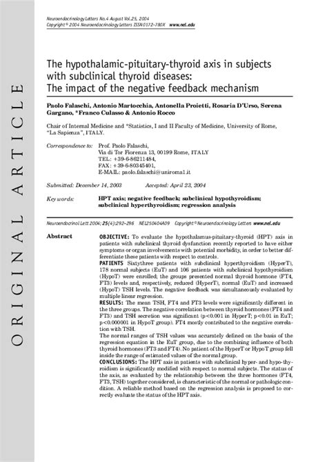 Pdf The Hypothalamic Pituitary Thyroid Axis In Subjects With Subclinical Thyroid Diseases The
