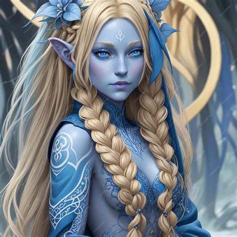 Premium Ai Image Eladrin From Dnd In Her Spring Form Long Blonde Braid Em Hair With Blue Stripes