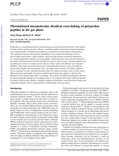 Pdf Photoinitiated Intramolecular Diradical Cross Linking Of Polyproline Peptides In The Gas Phase