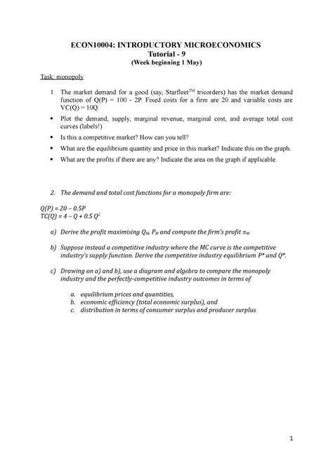Week Tutorial Questions ECON INTRODUCTORY MICROECONOMICS Tutorial Week