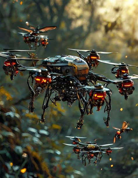 Futuristic Swarm Of Drones In Dense Forest Setting Stock Image Image