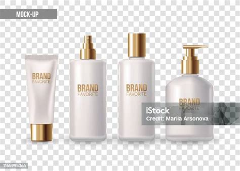 고급 화장품에 대한 현실적인 패키지의 집합입니다 골드 캡플라스틱 용기 액체 스킨 케어 크림 또는 젤용 병 투명 한 배경에 벡터 모형 병에 대한 스톡 벡터 아트 및 기타