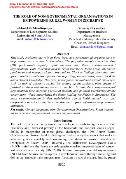 Pdf The Role Of Non Governmental Organisations In Empowering Rural Women In Zimbabwe